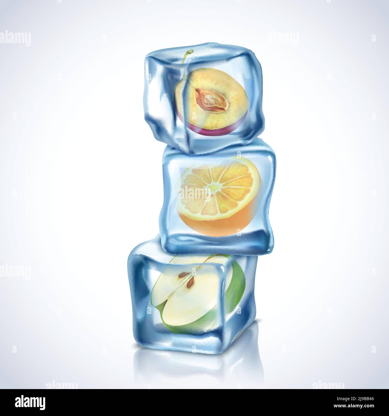 Realistic ice cubes with fruits inside on white background vector ...