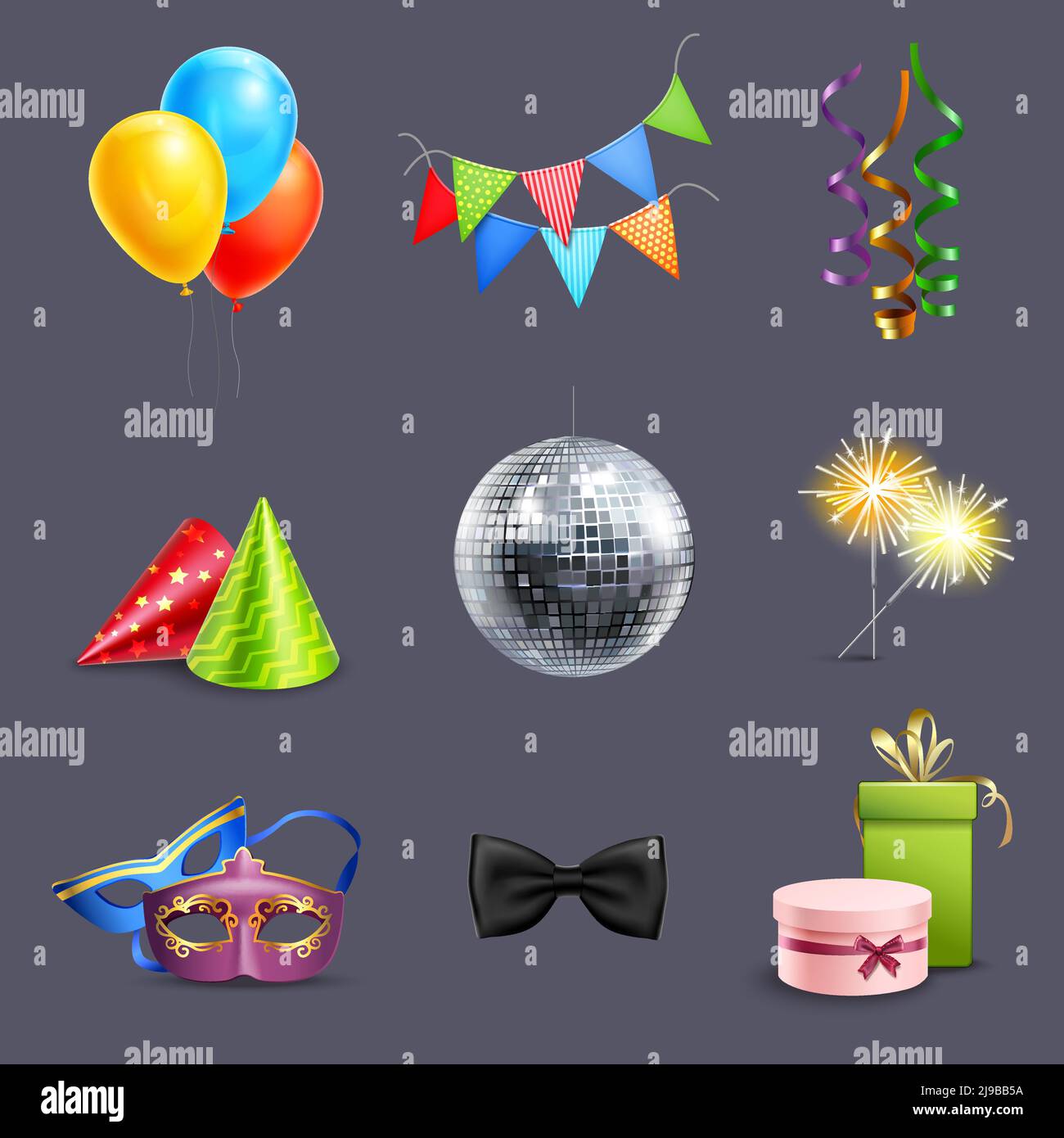 Realistic celebration icons set with balloons party ball and holiday ...