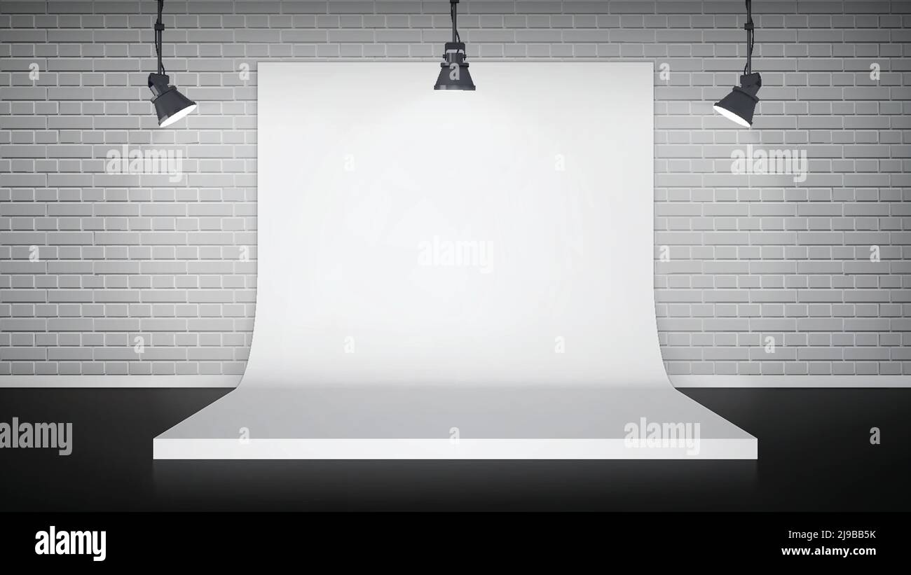 Studio interior with white backdrop and lamps on a brick wall vector ...