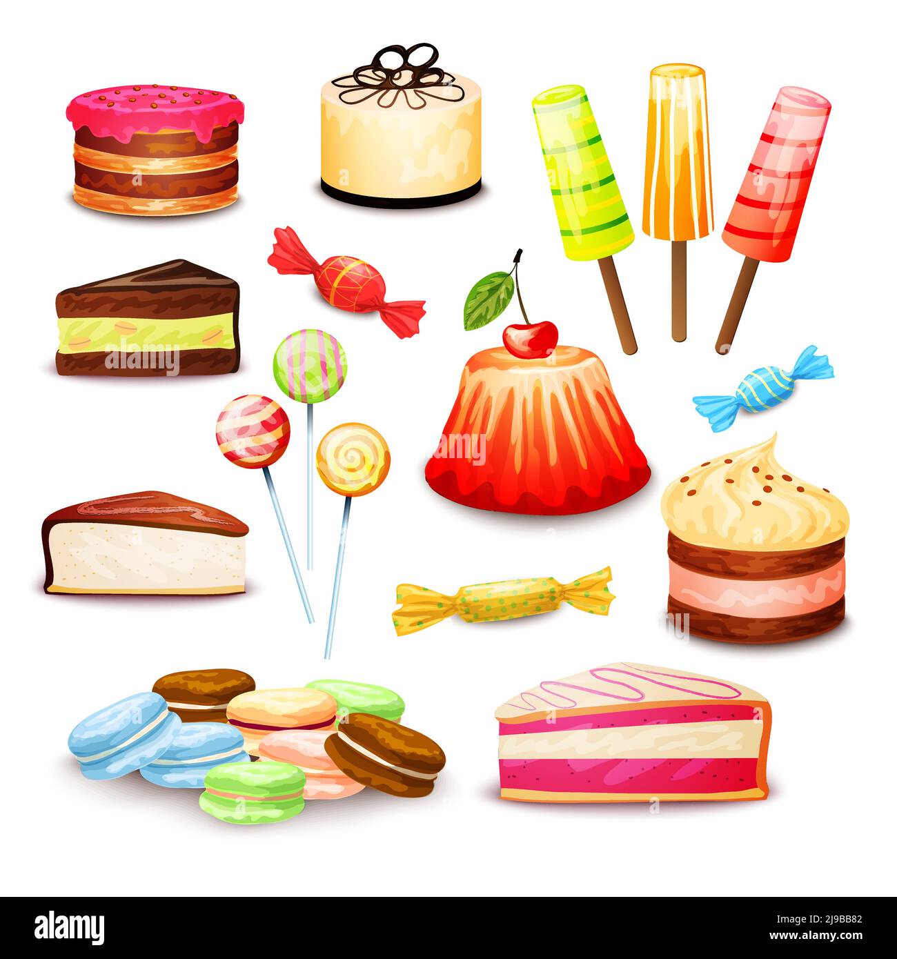 Sweet food set with layered cake ice cream candy isolated vector ...