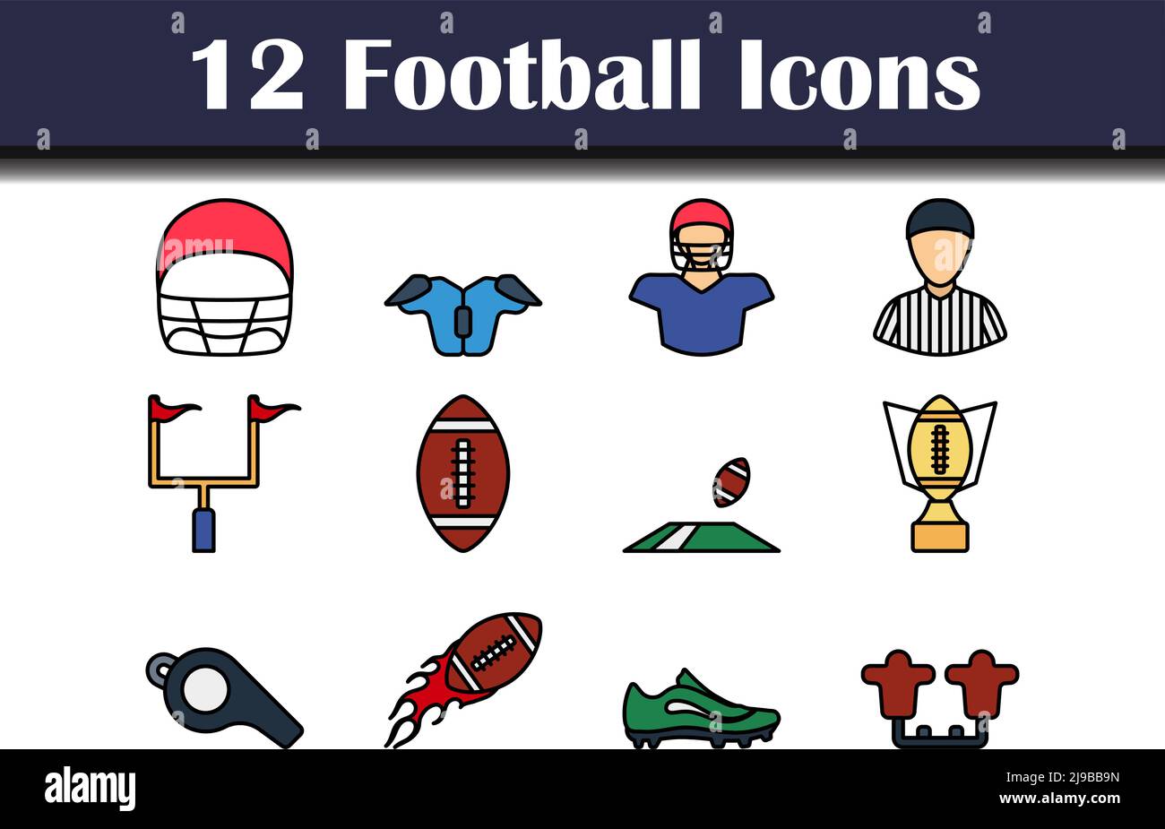 Football Icon Set. Editable Bold Outline With Color Fill Design. Vector ...