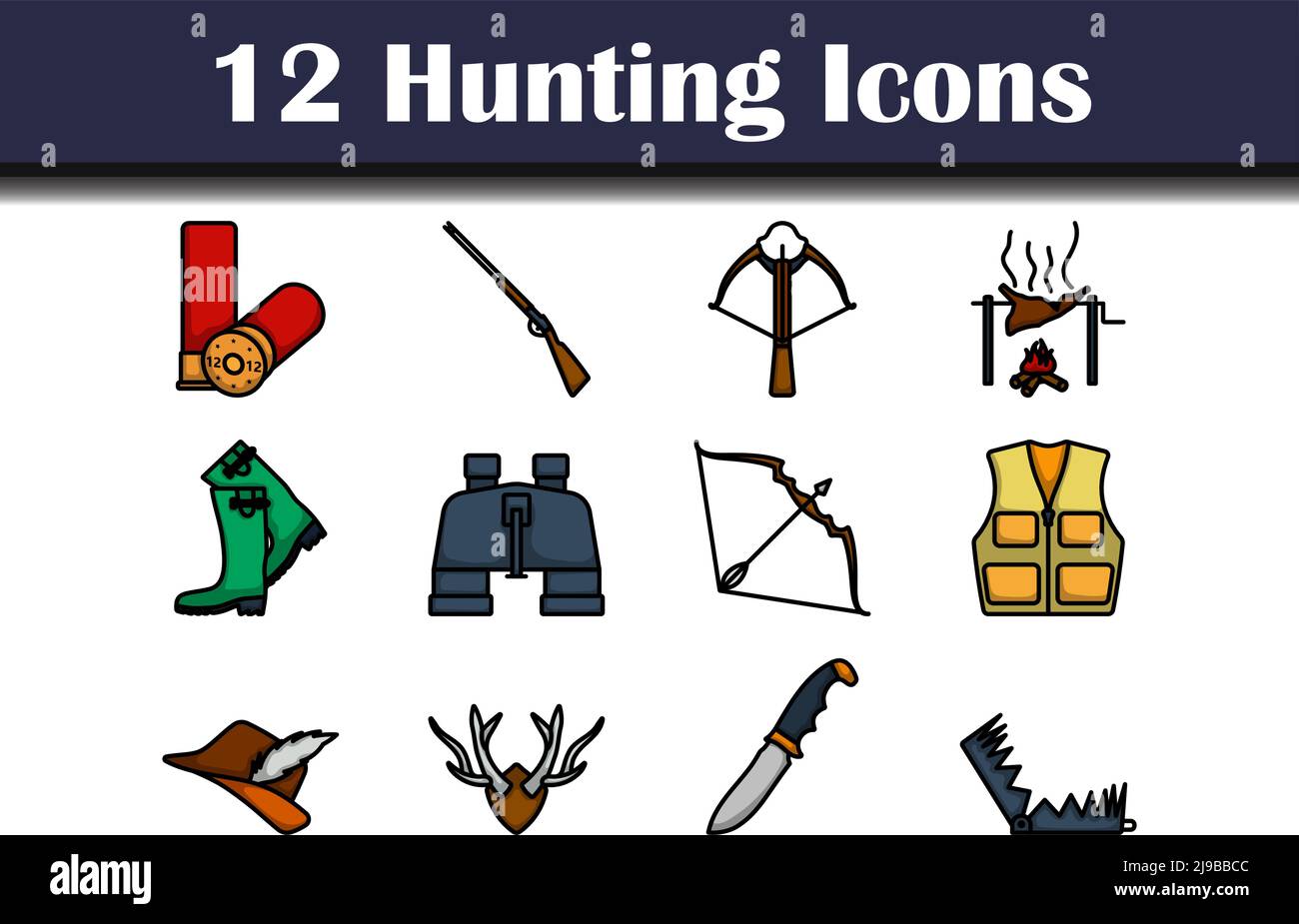 Hunting Icon Set. Editable Bold Outline With Color Fill Design. Vector ...