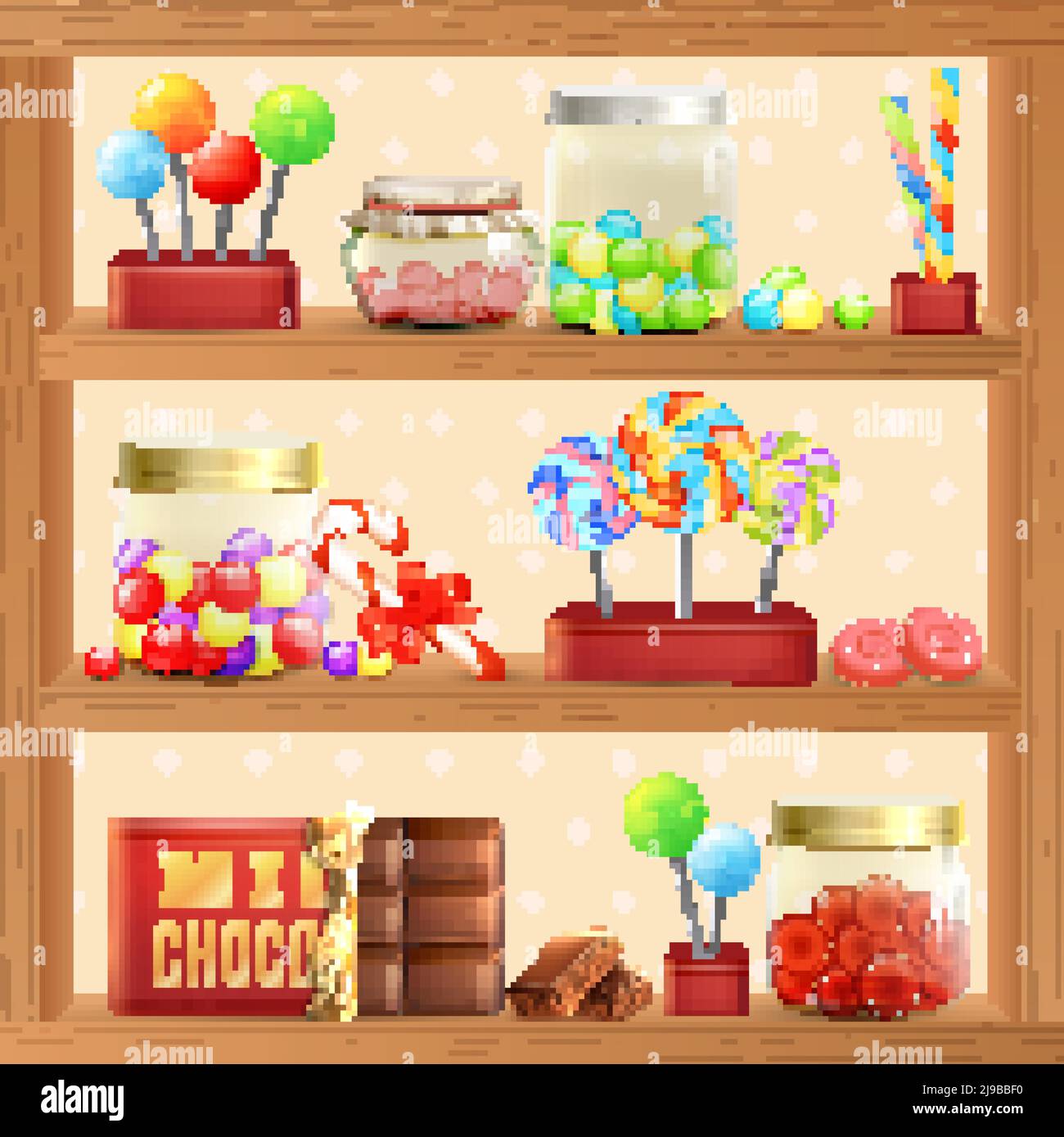 Sweet store shelf with bonbons chocolate and lollipops vector ...