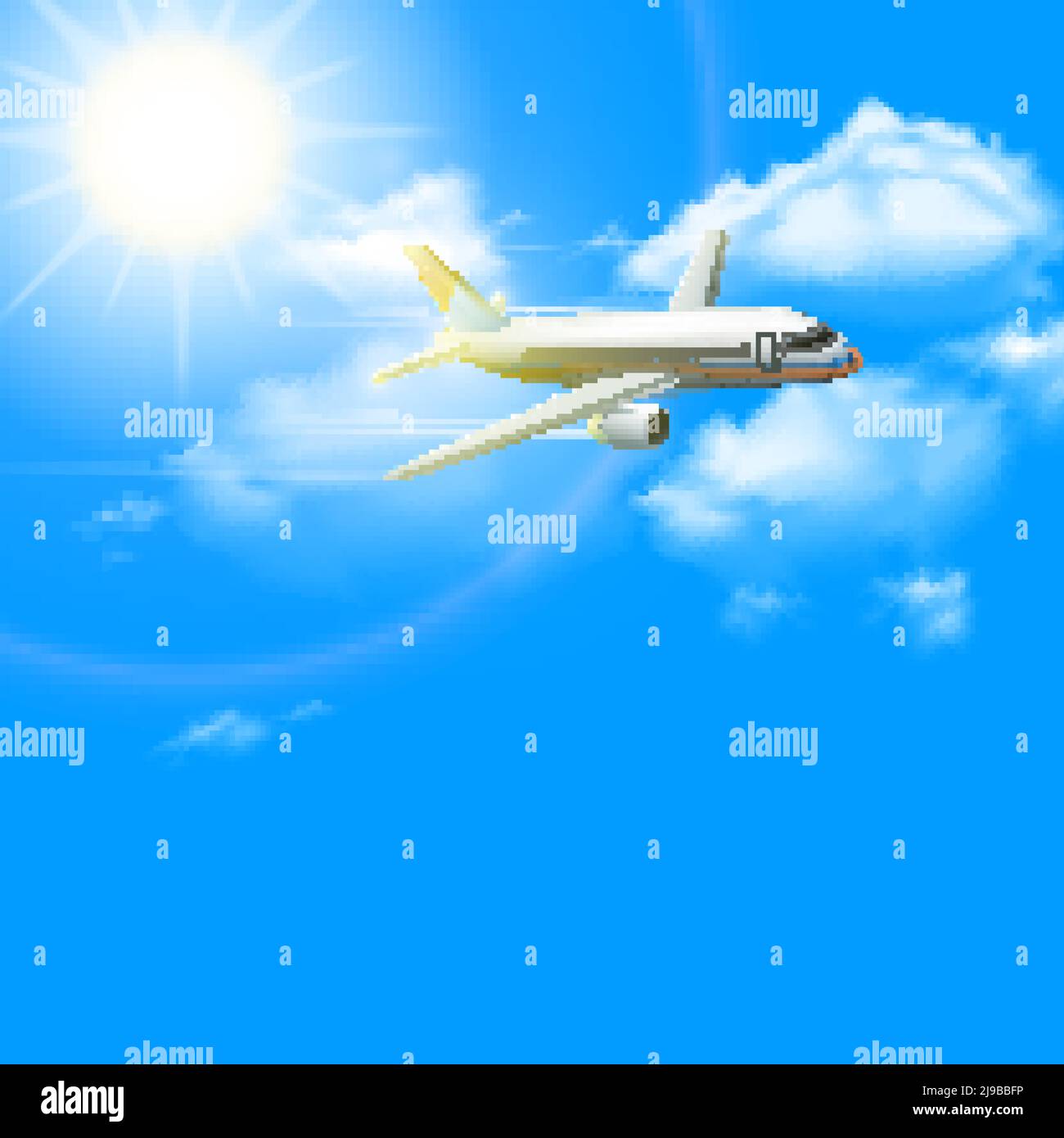 Realistic plane aircraft in blue sunny sky with clouds on background ...
