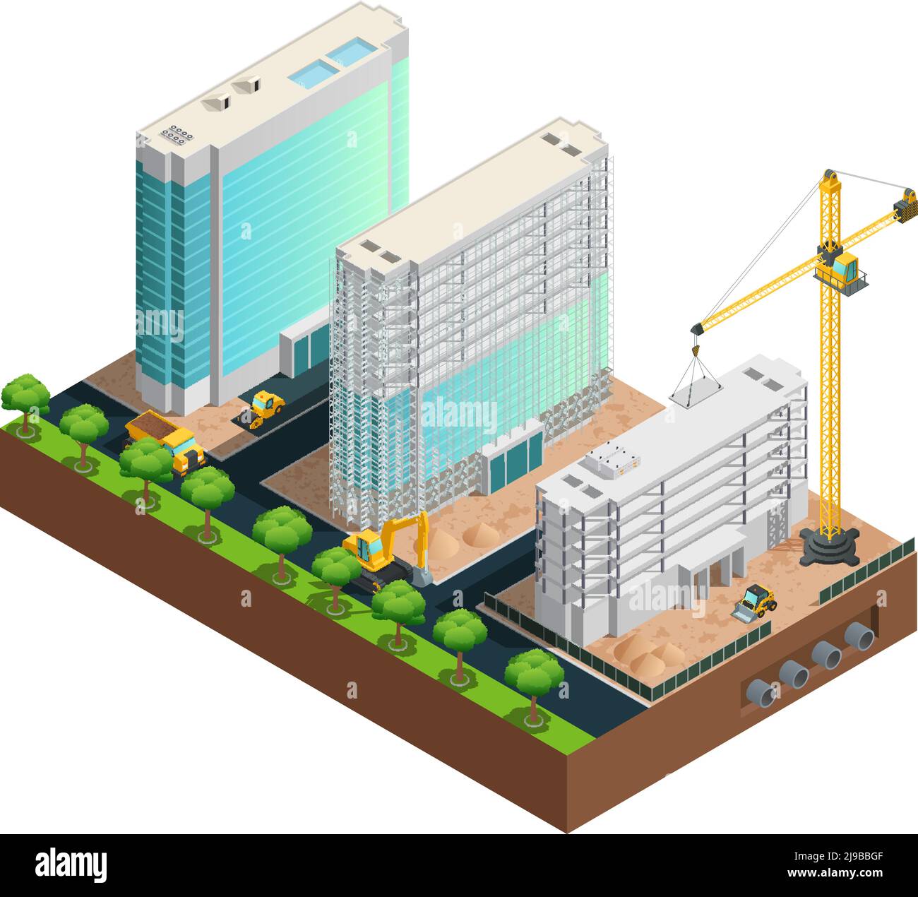 Three modern many-storeyed buildings construction isometric composition ...