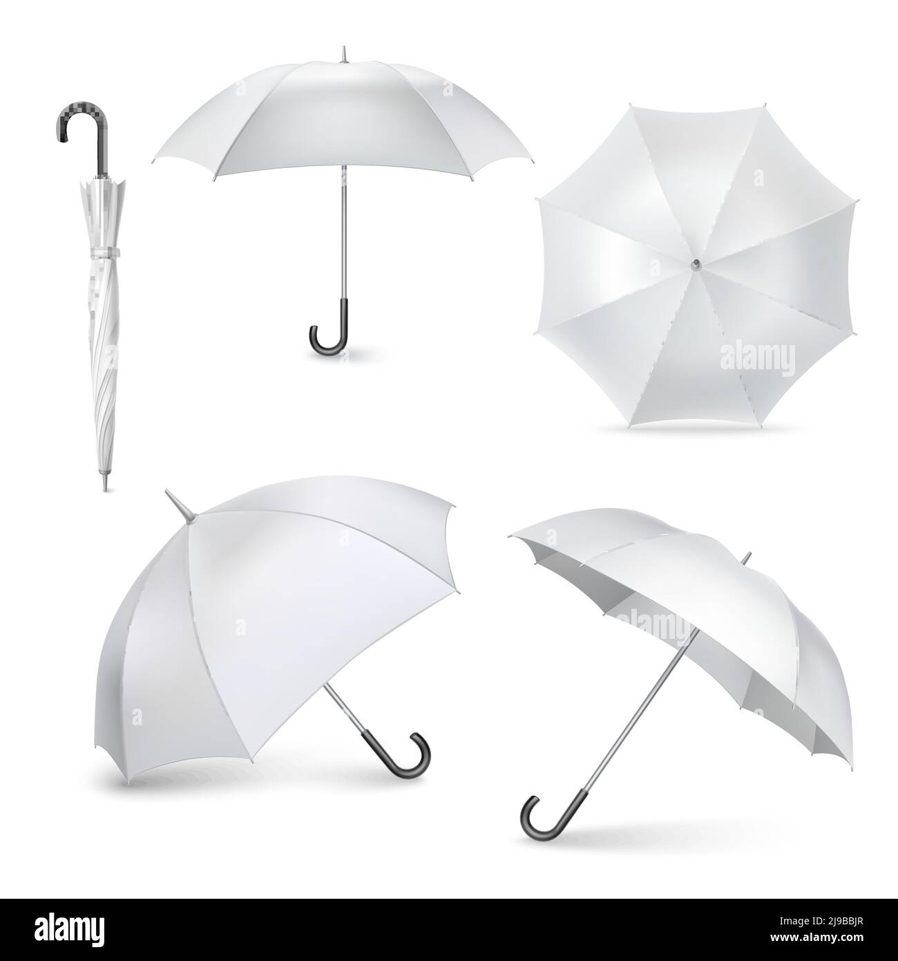 Light gray umbrellas and parasols in various positions open and folded ...