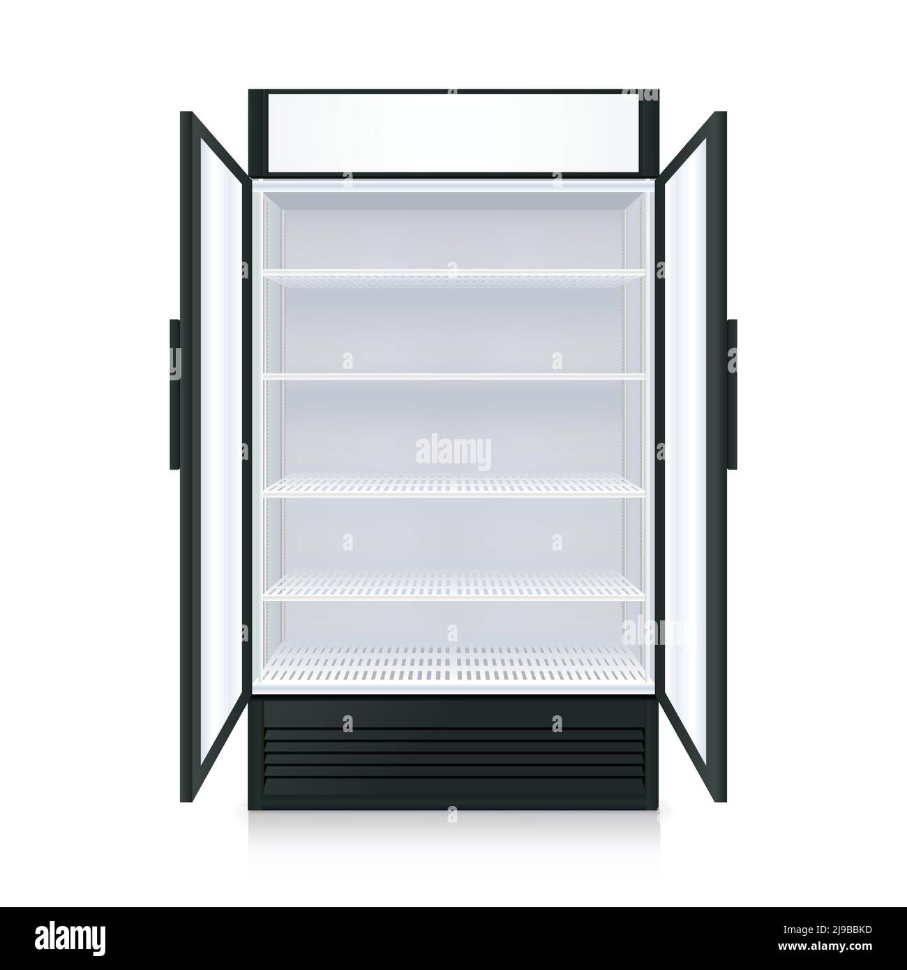 Realistic empty commercial fridge with shelves and transparent opened ...