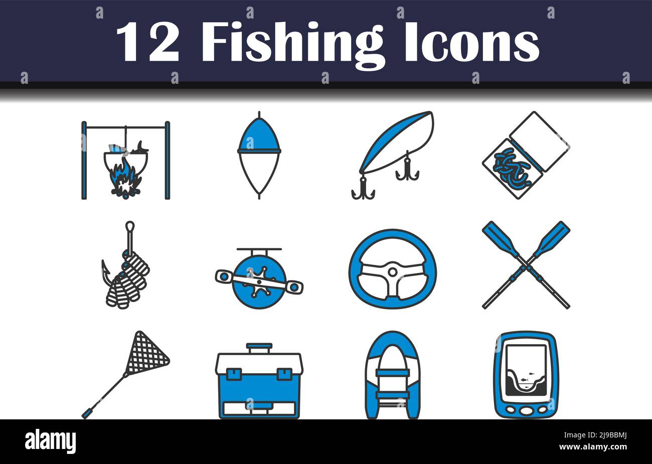 Fishing Icon Set. Editable Bold Outline With Color Fill Design. Vector ...