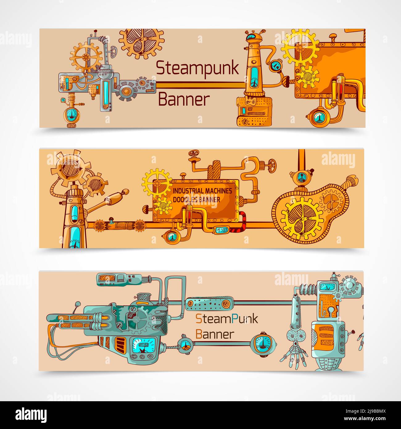 Steampunk horizontal banner set with engineer robotic machinery ...
