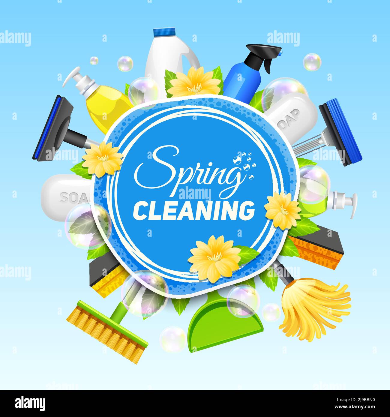 Poster with composition of different tools for cleaning service colored ...