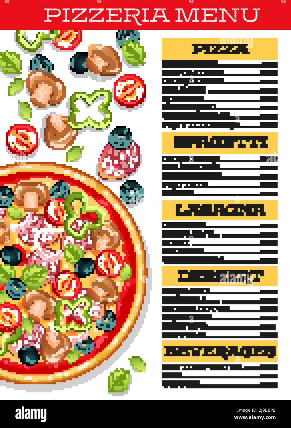 Pizzeria restaurant menu template with pizza and vegetables set vector ...