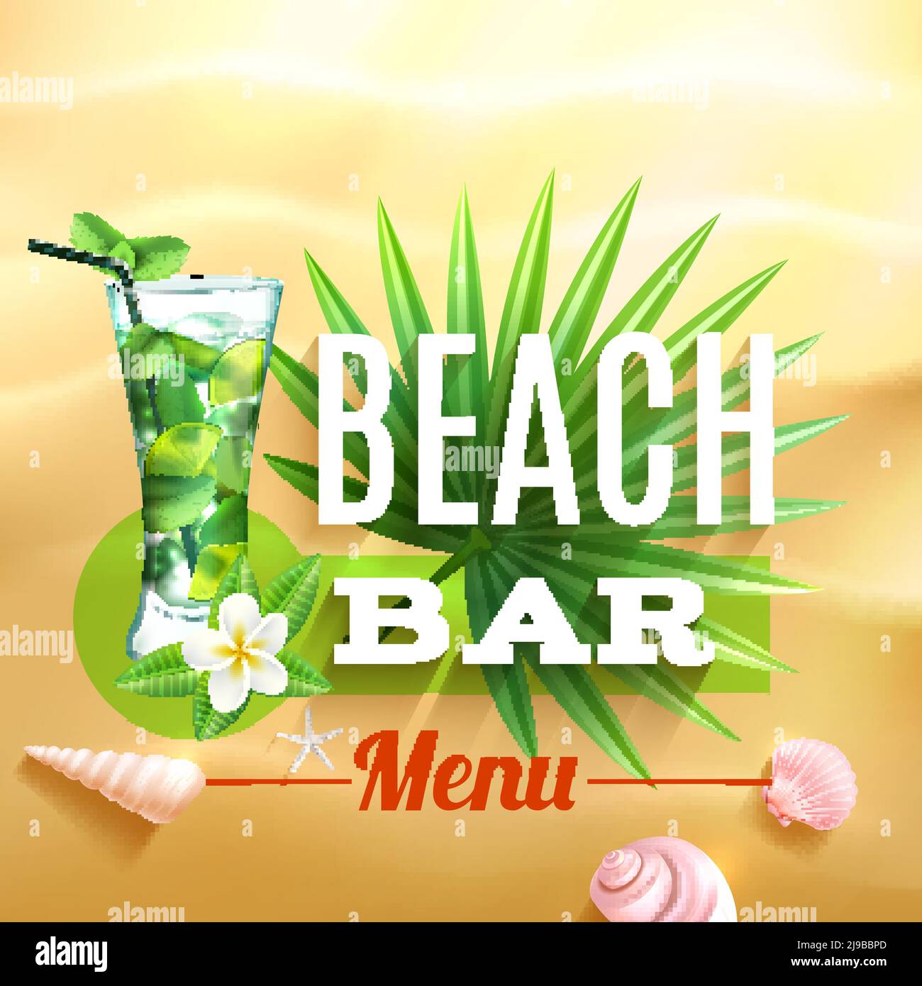 Tropical design poster with mojito cocktail glass palm leaf and ...