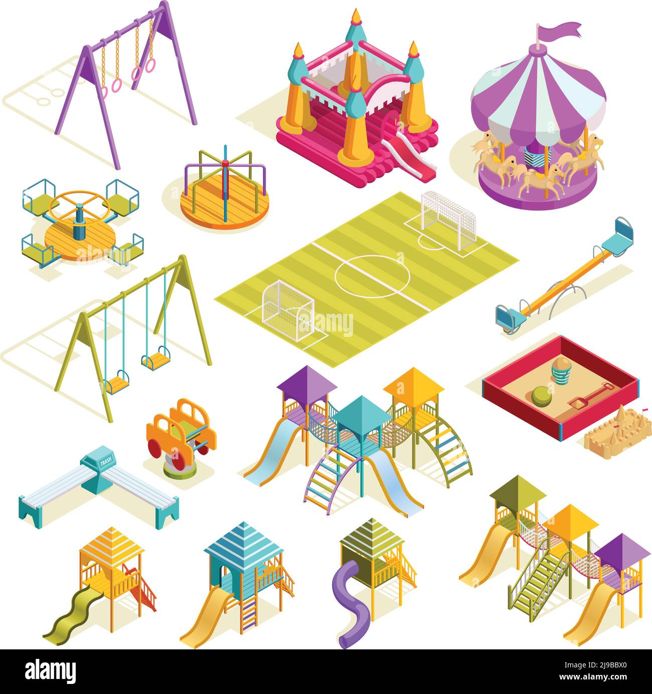 Playground isometric collection with carousels bench sandbox roller ...