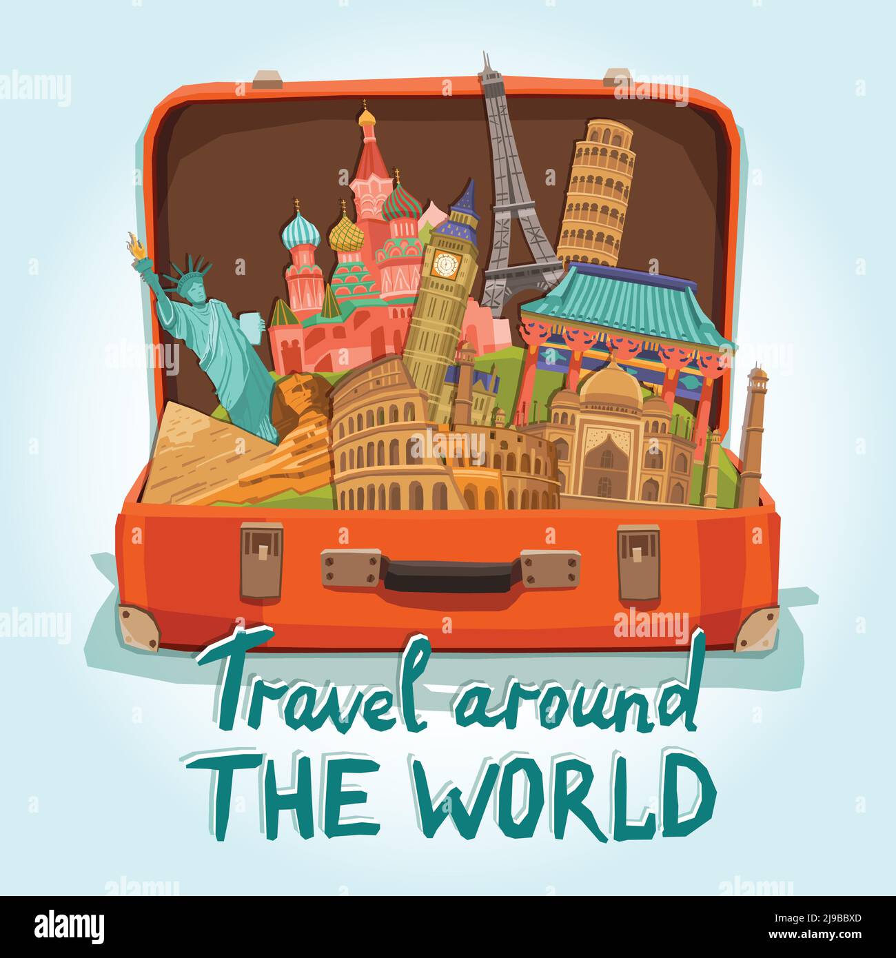 Open tourist suitcase with world heritage international landmarks set ...