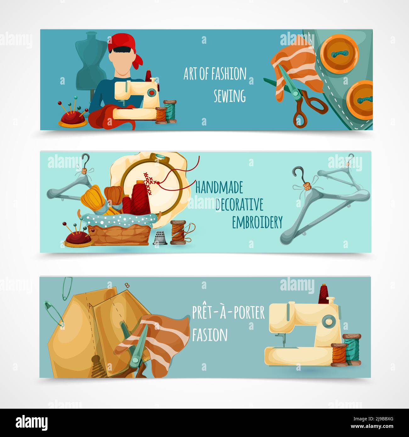 Sewing horizontal banner set with decorative embroidery elemenets ...