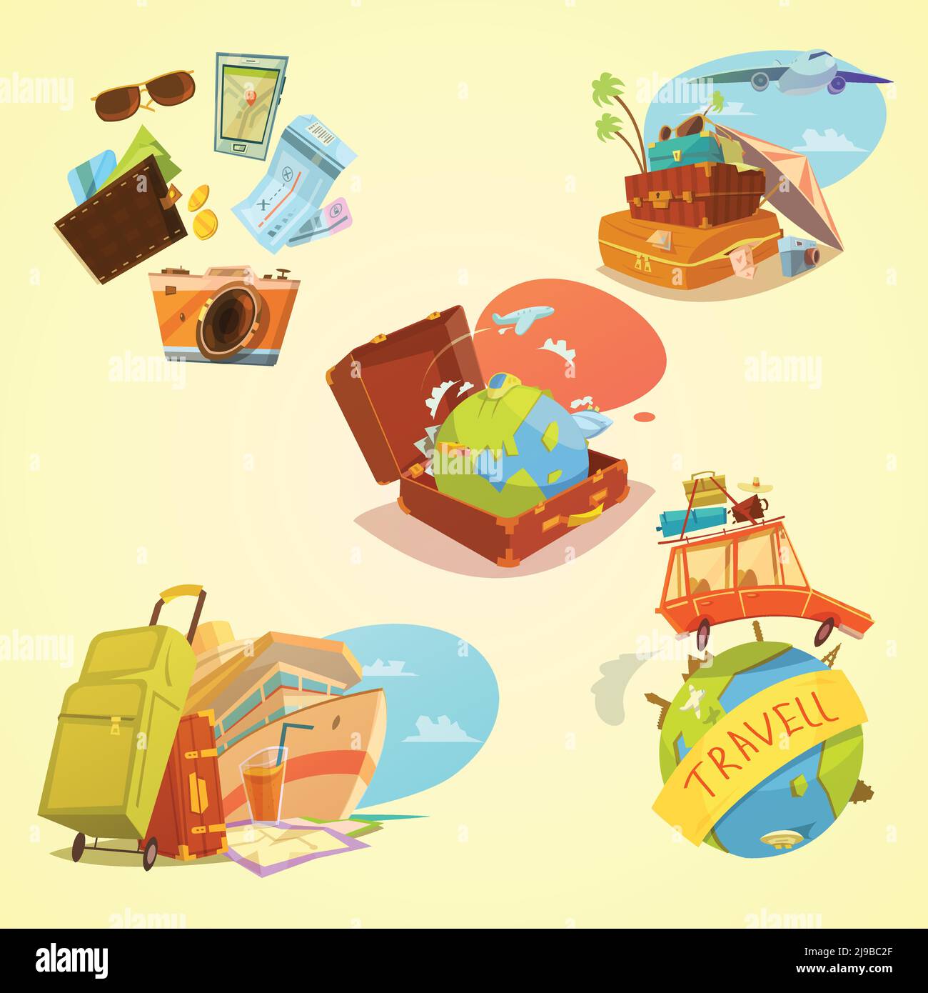 Travel cartoon set with map luggage and transport symbols on yellow ...