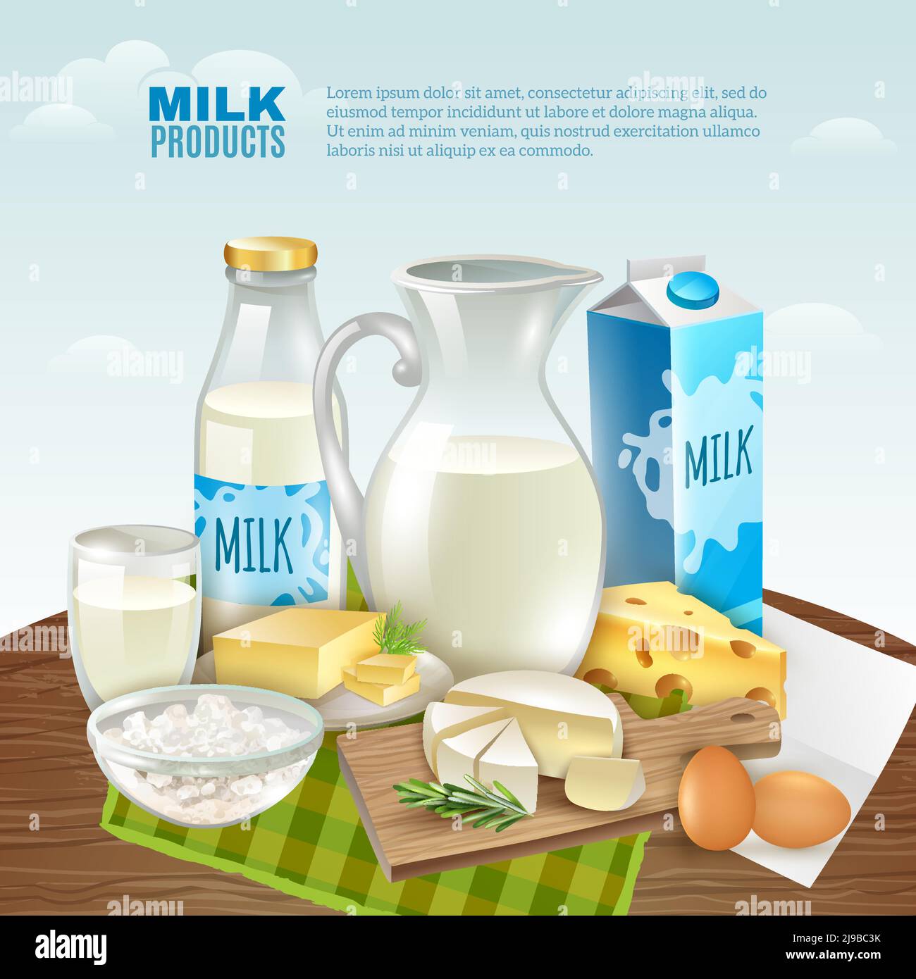 Milk products cartoon background with healthy breakfast symbols vector ...