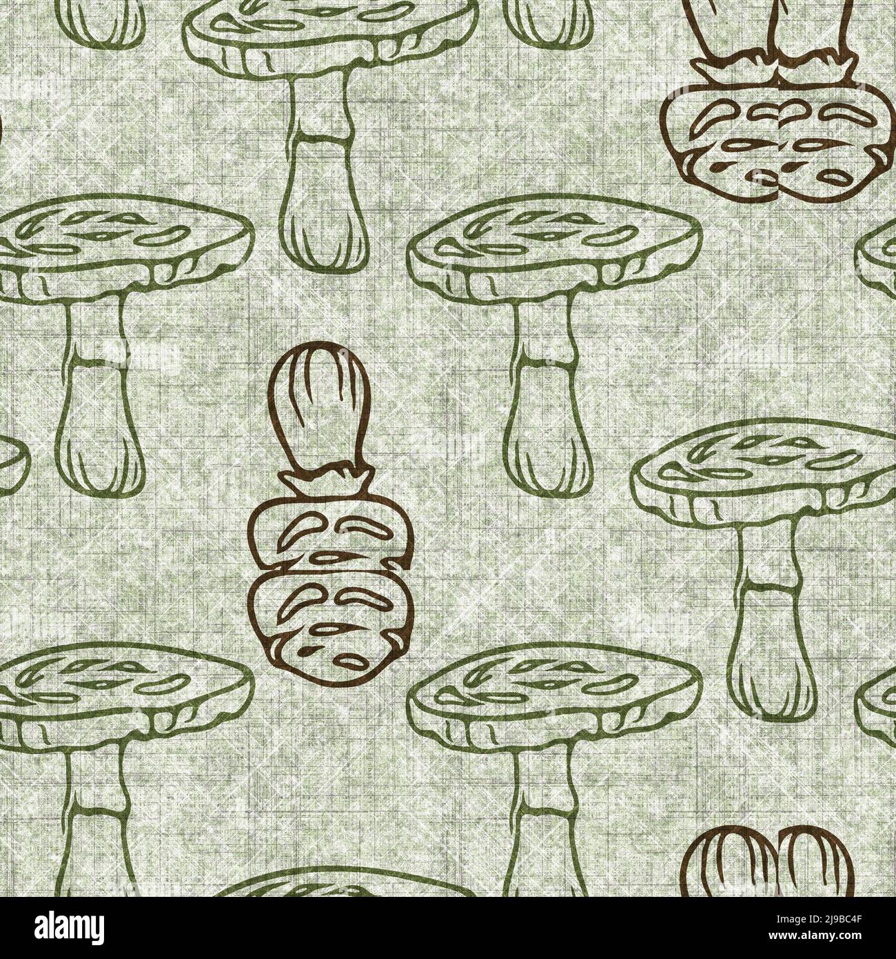 Mushroom seamless hand drawn linen style pattern. Organic fungi natural ...
