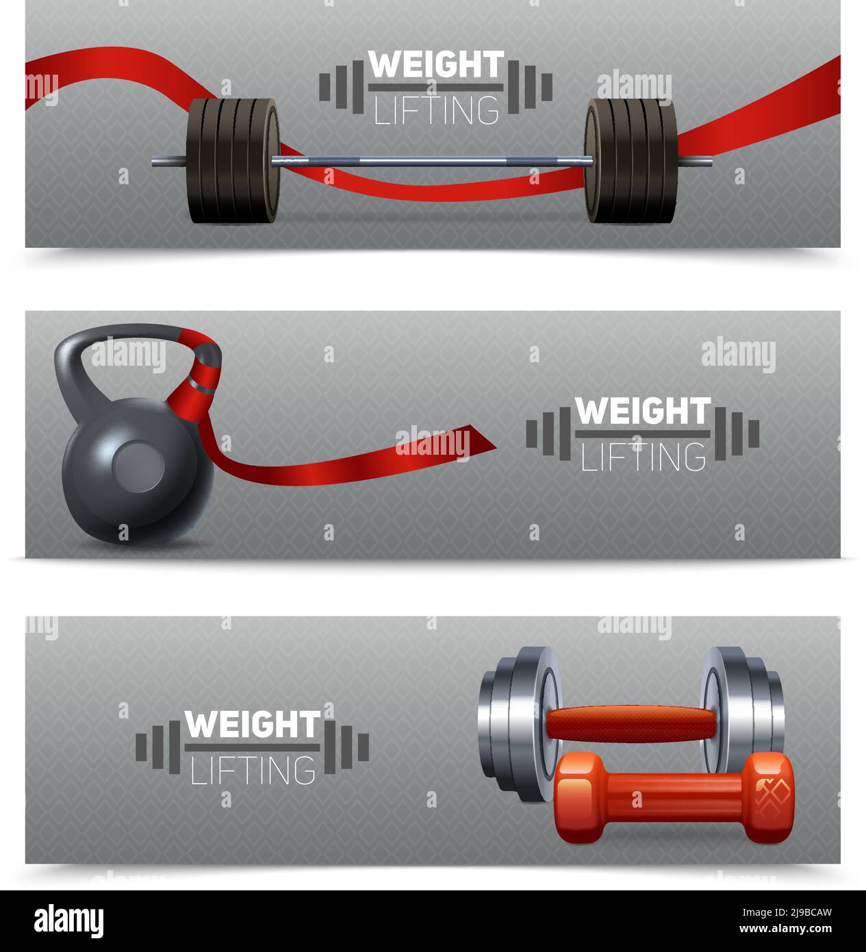 Sport banner horizontal set with weight lifting equipment isolated ...
