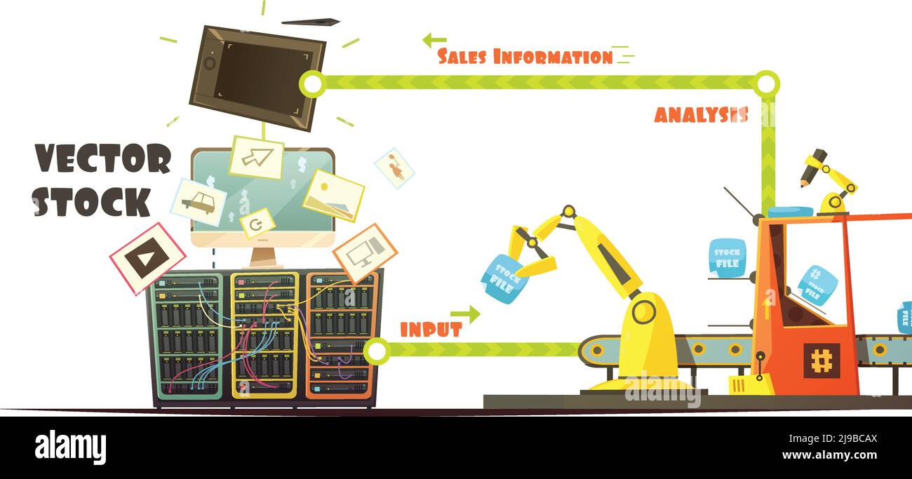 Microstock business owner working concept schema retro cartoon style ...