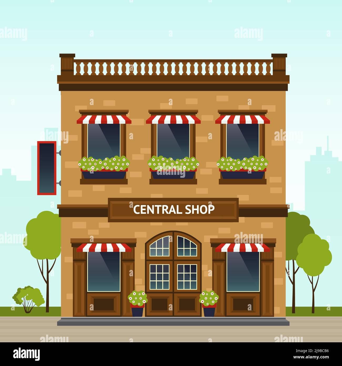 Brick building retro style shop facade with city on background flat ...