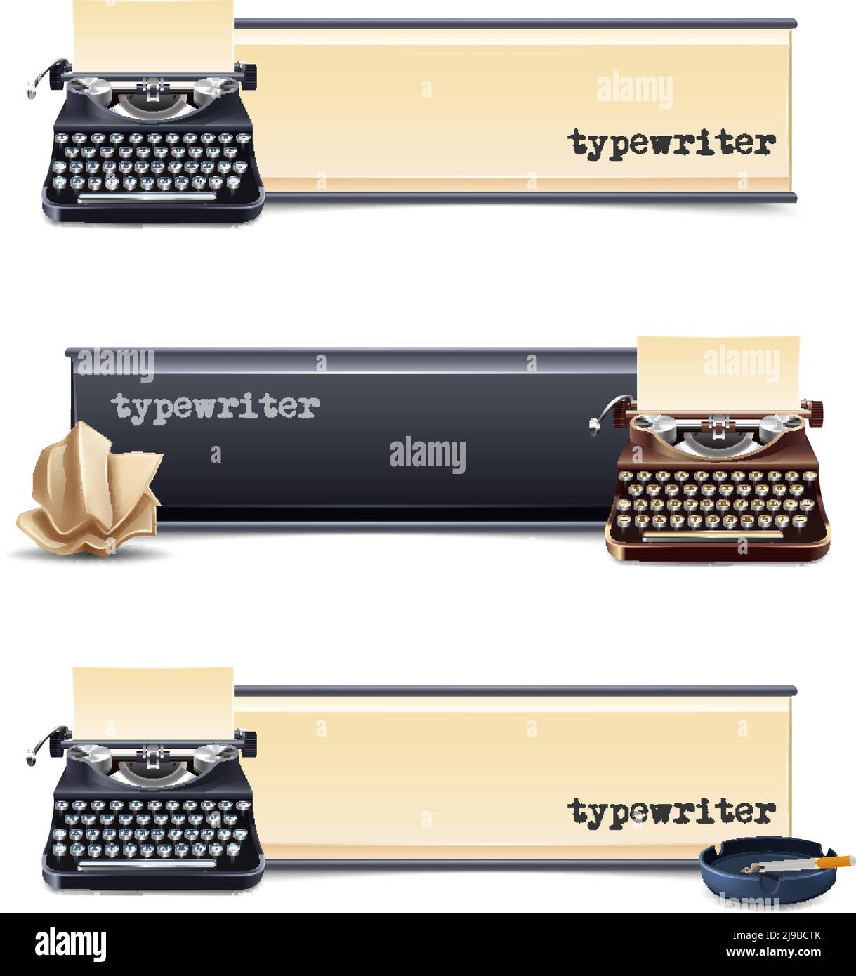 Typewriter horizontal banners set with realistic paper sheet isolated ...
