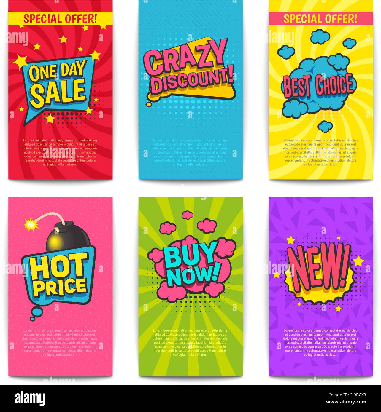 Discount comic posters set with special price symbols flat isolated ...