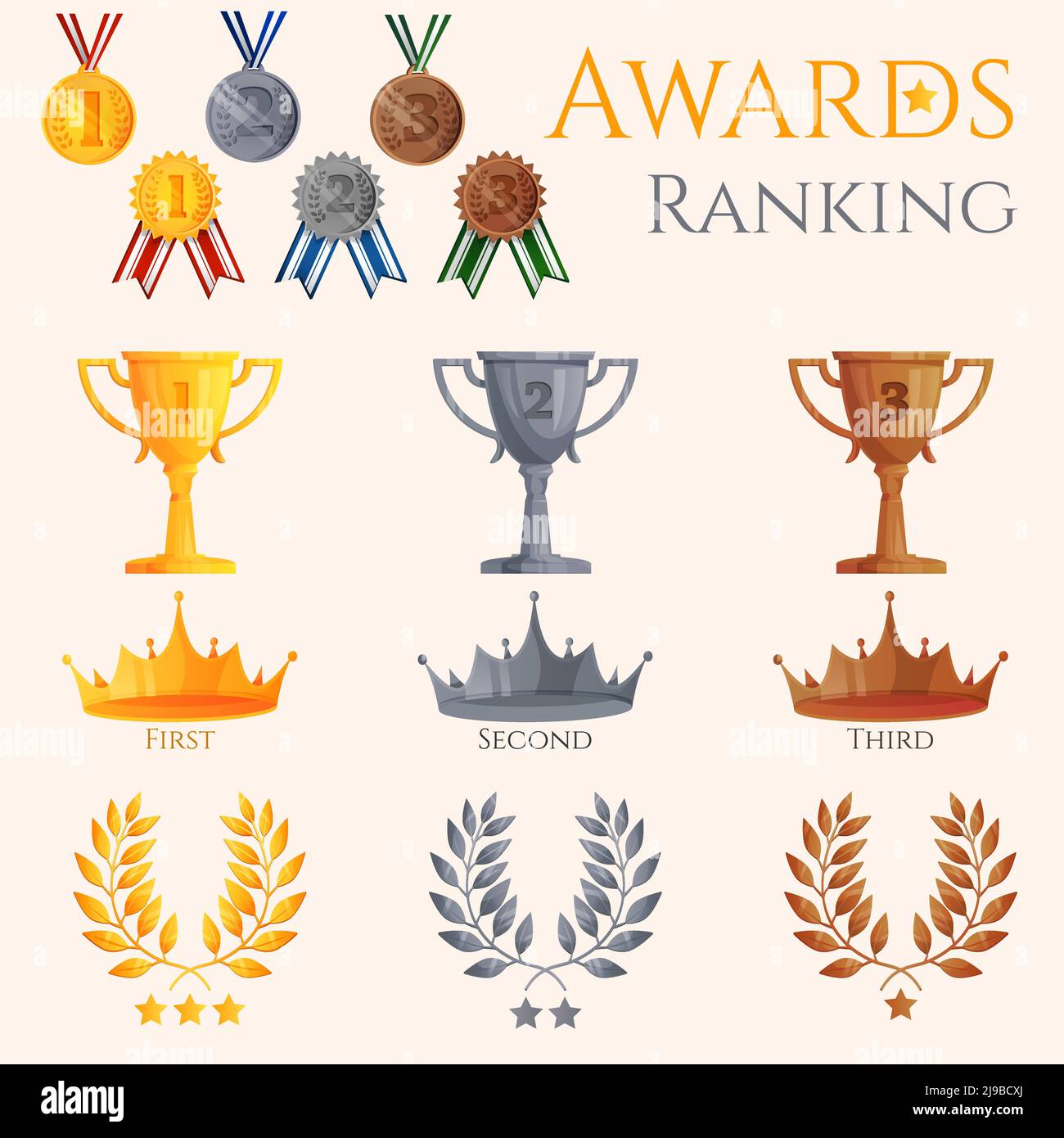 Ranking icons set of different size awards crowns and medals isolated ...