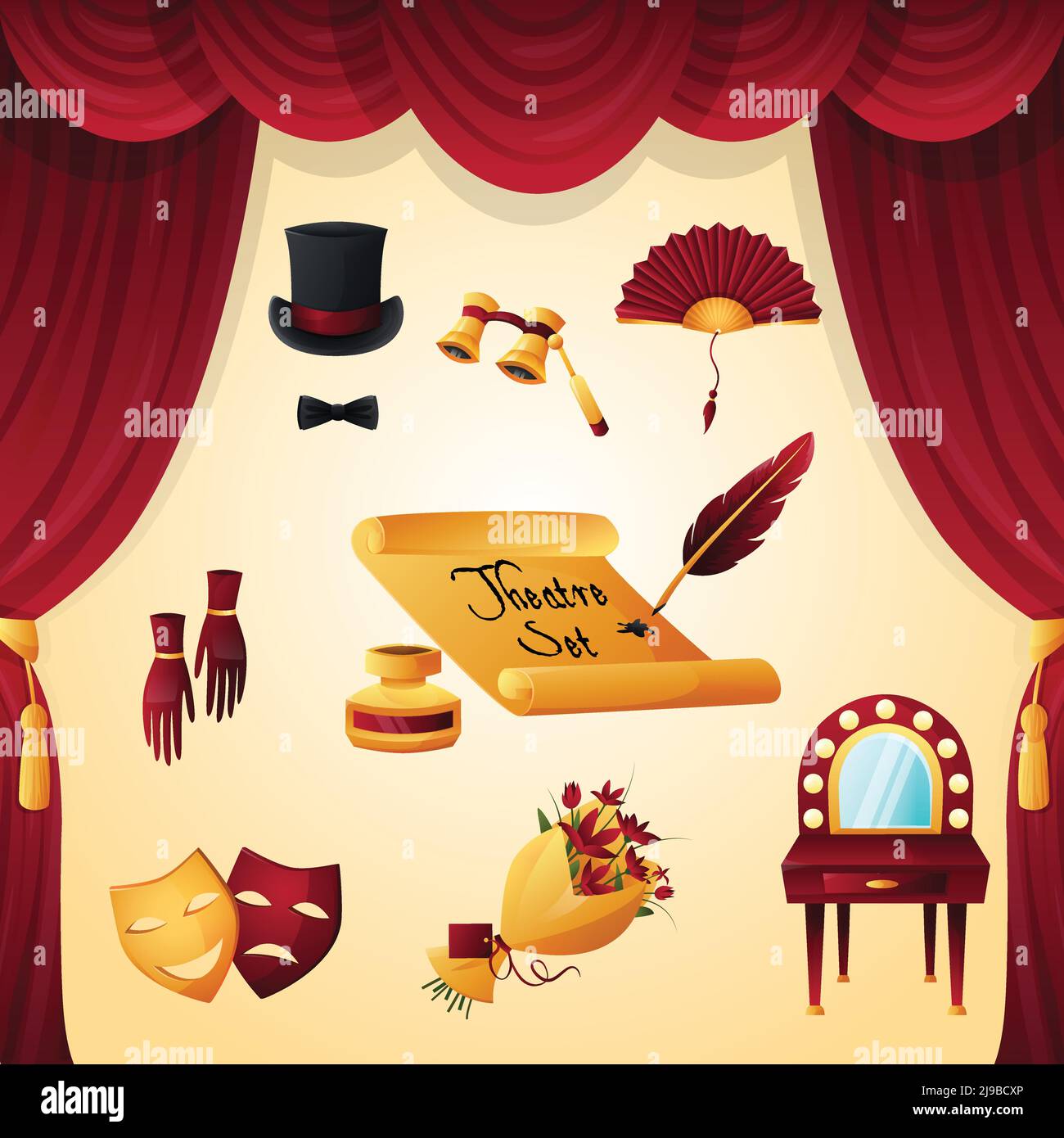 Theater entertainment and performance elements set with velvet curtain ...