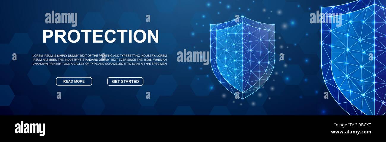 Shield polygonal horizontal banner. Antivirus low poly symbol for head promotion banner. Cyber ...