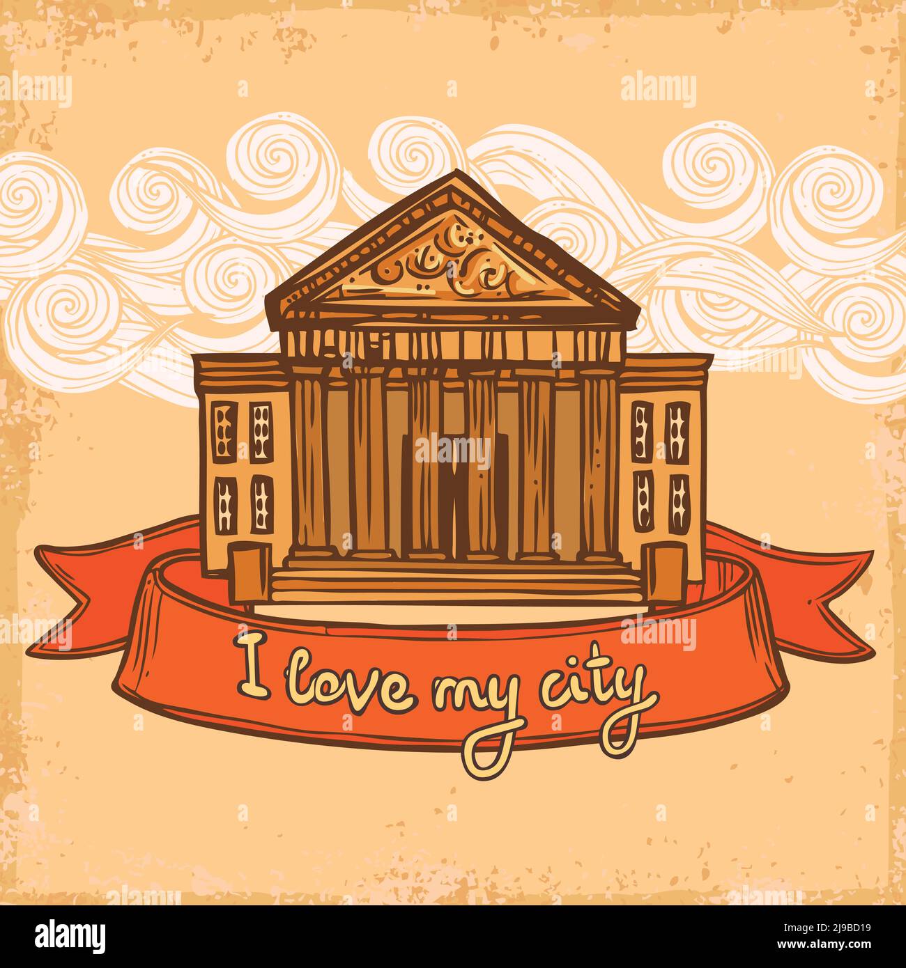 City retro background with sketch university museum courthouse building ...