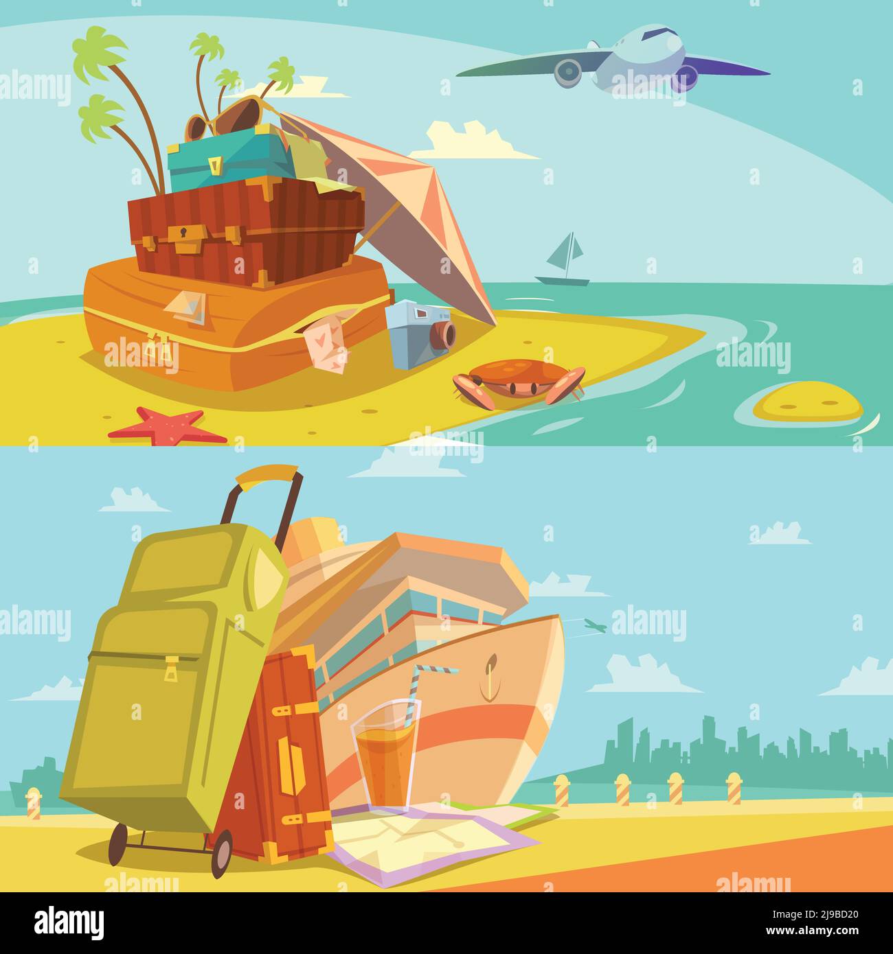 Travel horizontal banners set with voyage and beach resort symbols ...