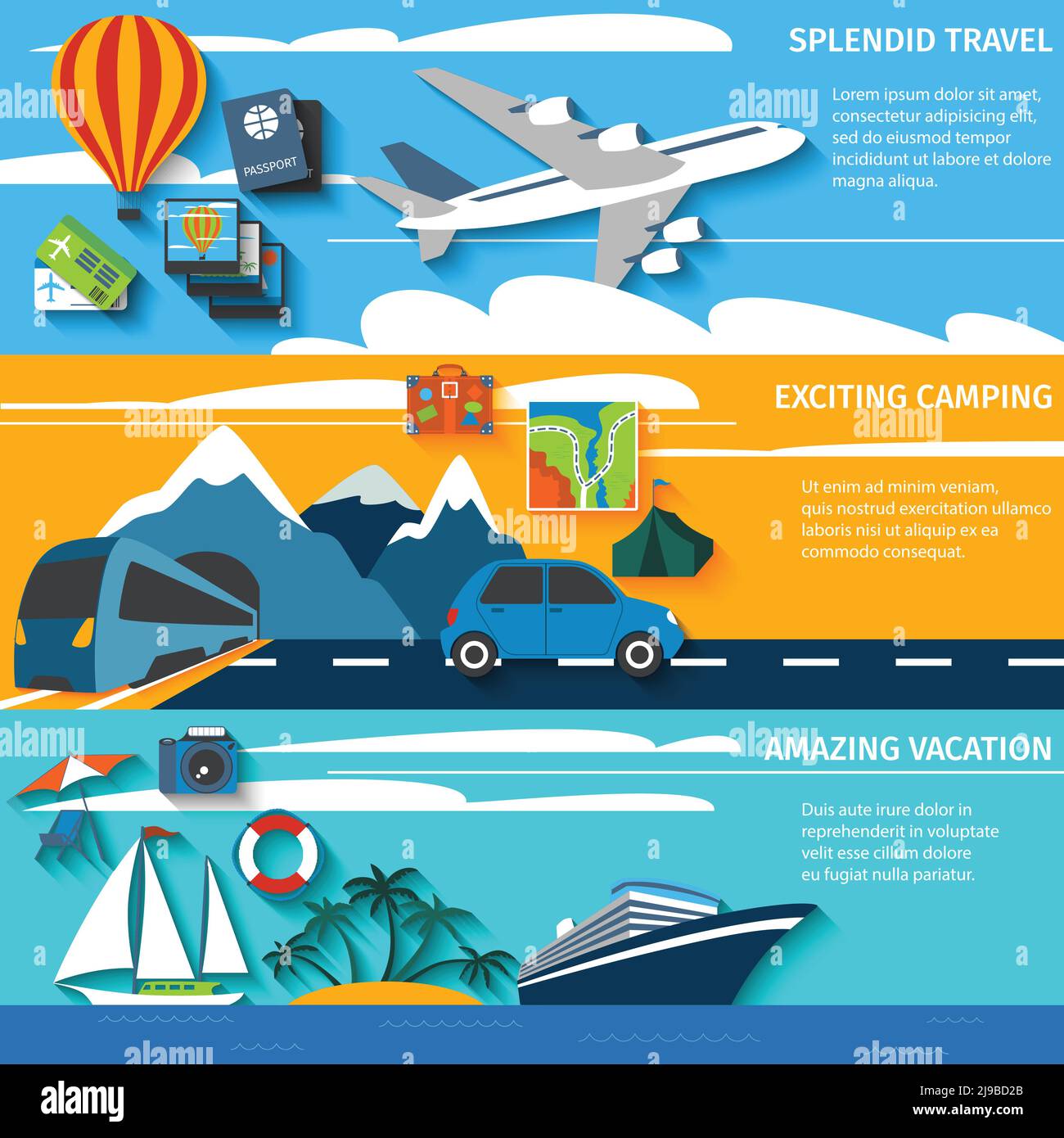 Tropical island vacation aircraft travel and outdoor camping route ...