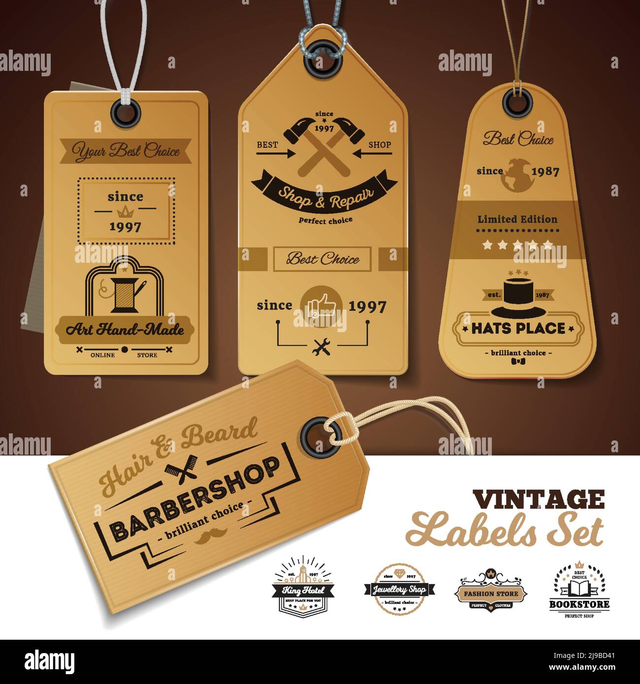 Set of vintage labels of shops with design of 3d cardboard tags with ...