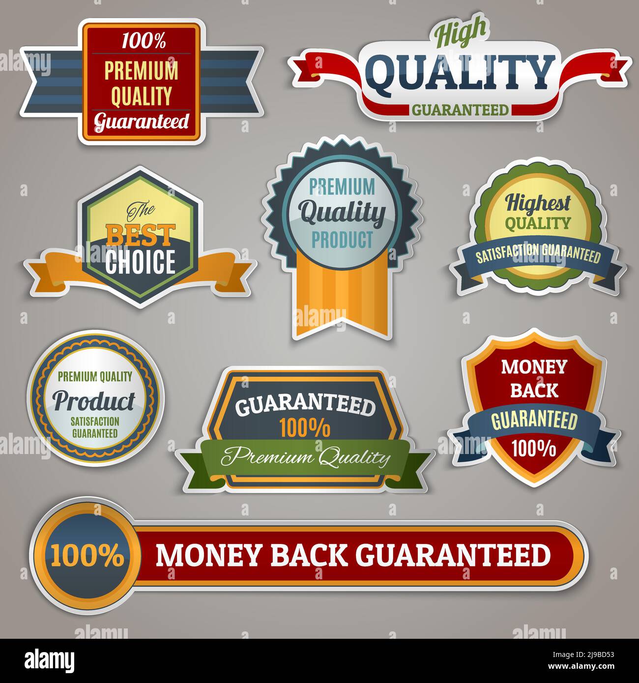 Colored premium quality products satisfaction guaranteed sticker labels ...