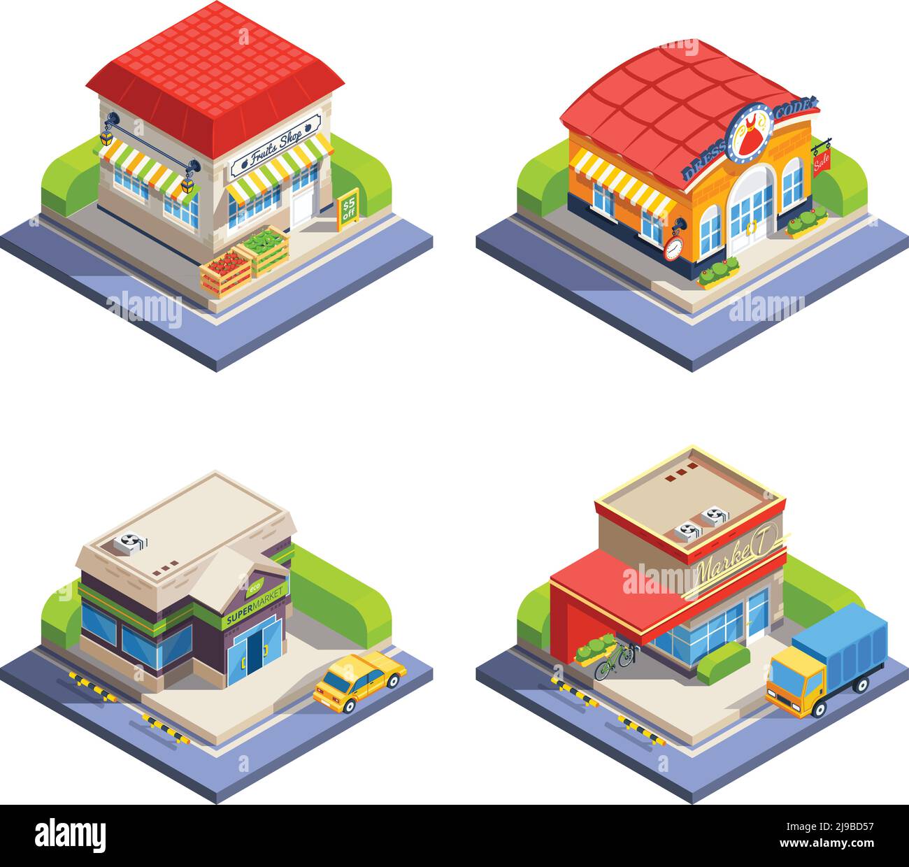 One-storeyed shop buildings offering various goods set on white ...