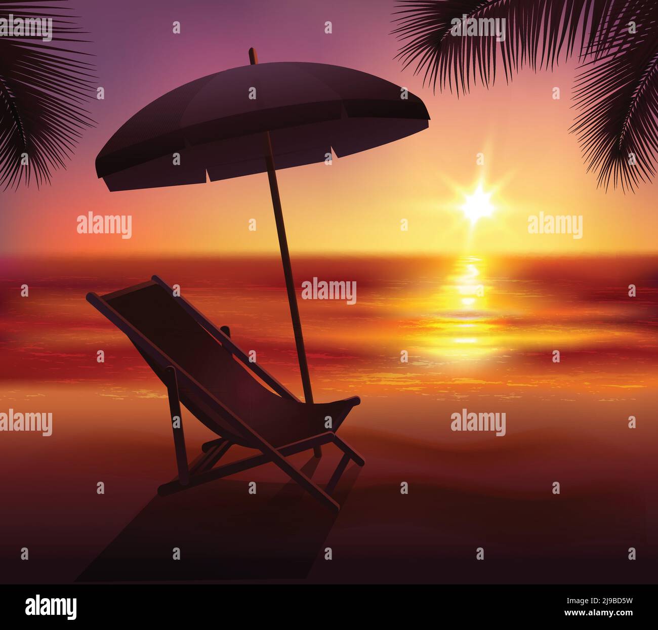 Sunset lounge and umbrella on beach in tropics background cartoon ...