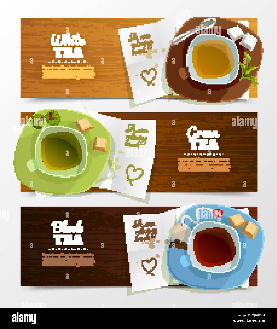 Set of three horizontal tea banners with top viewed caps on saucers ...