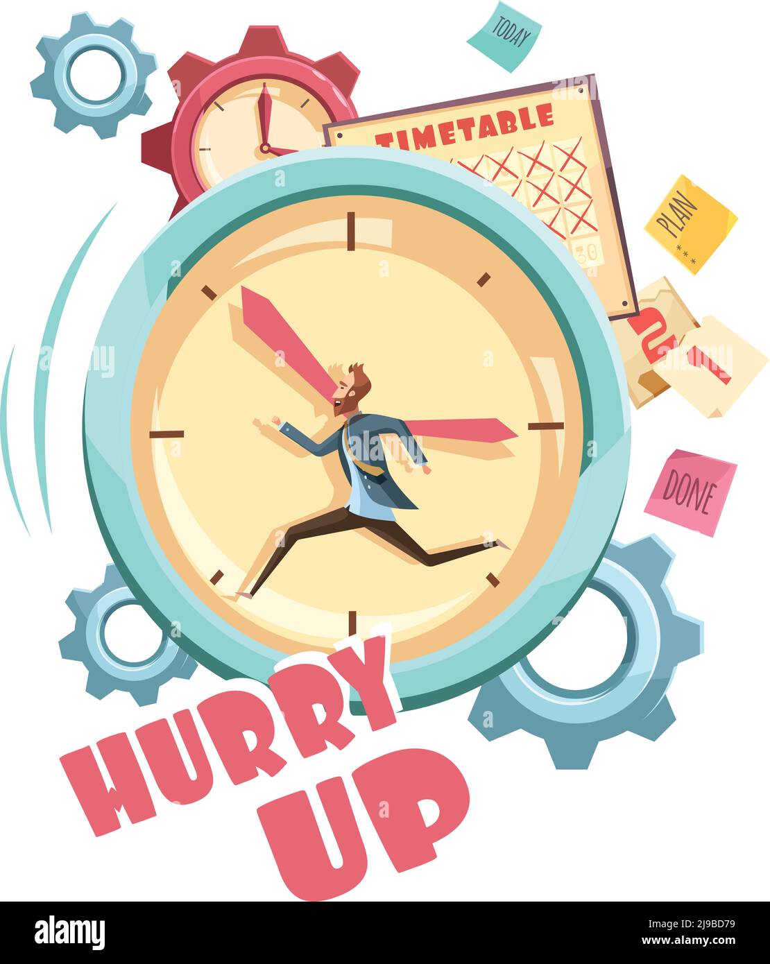 Time control retro cartoon design with running man on clock background ...