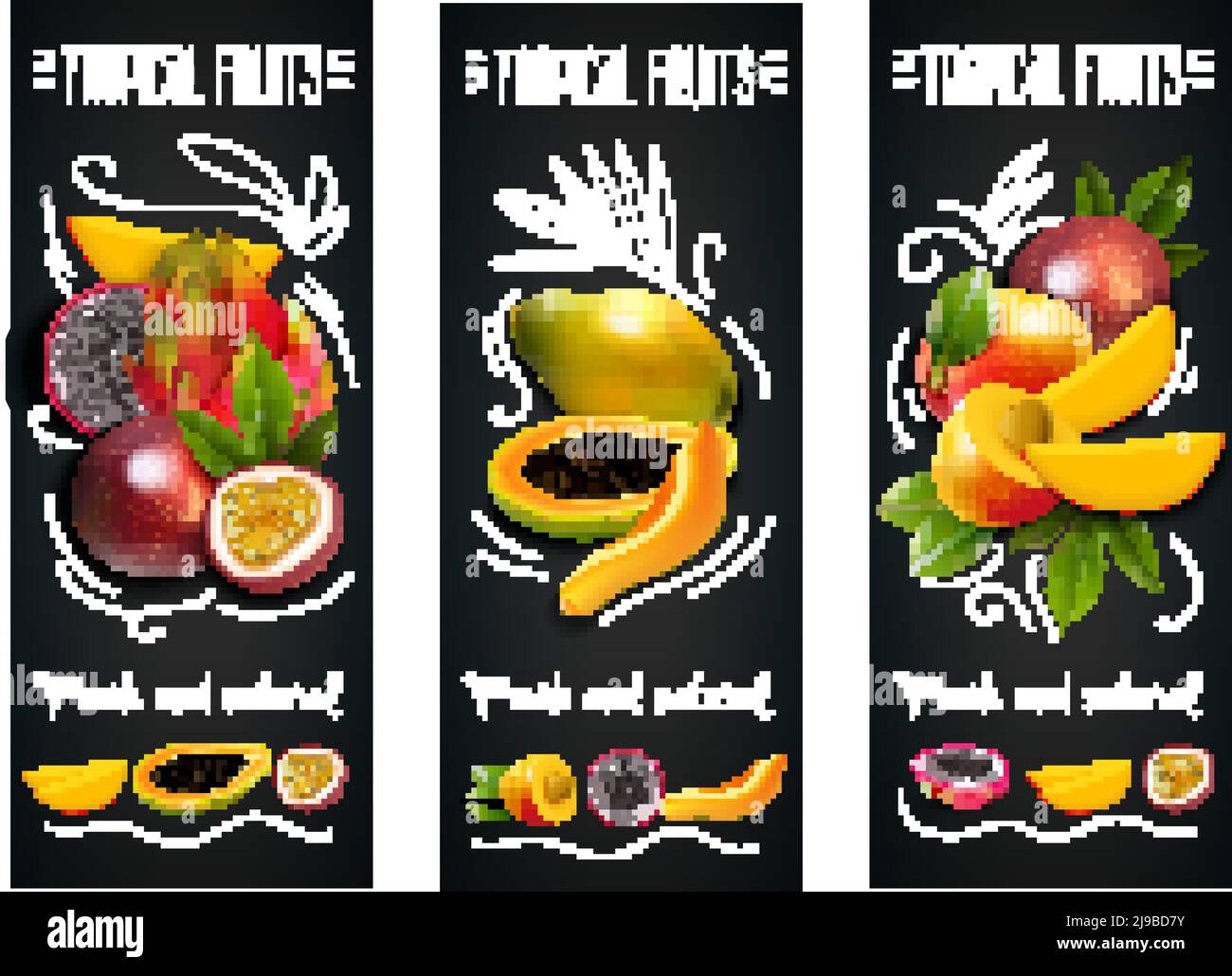 Three vertical tropical fruits chalkboard label set with fresh and ...