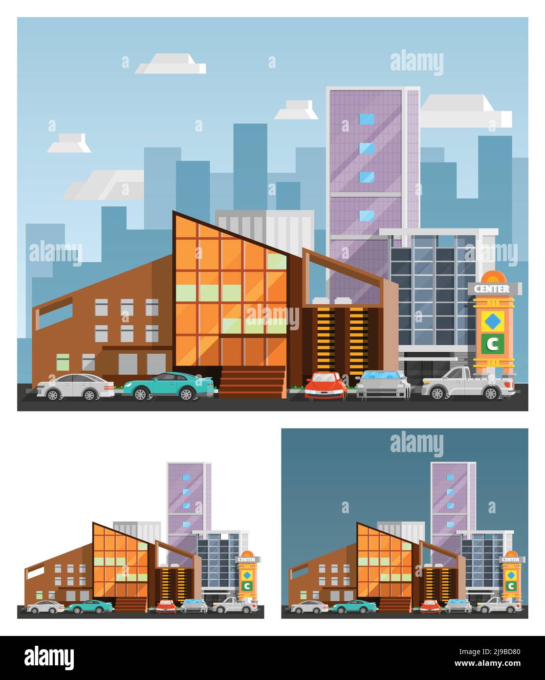 Shopping mall building orthogonal compositions set with signboard flat ...