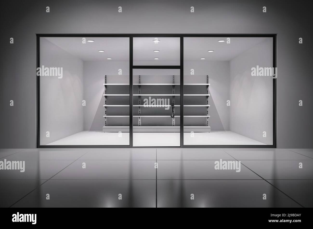 Realistic 3d store interior with empty shelves in spotlights inside ...