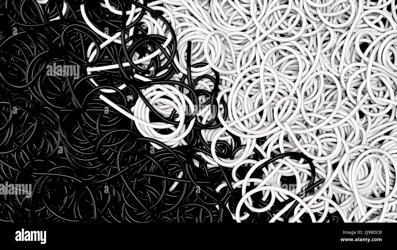 Background covered with a pile of tangled black and white wires. 3d ...
