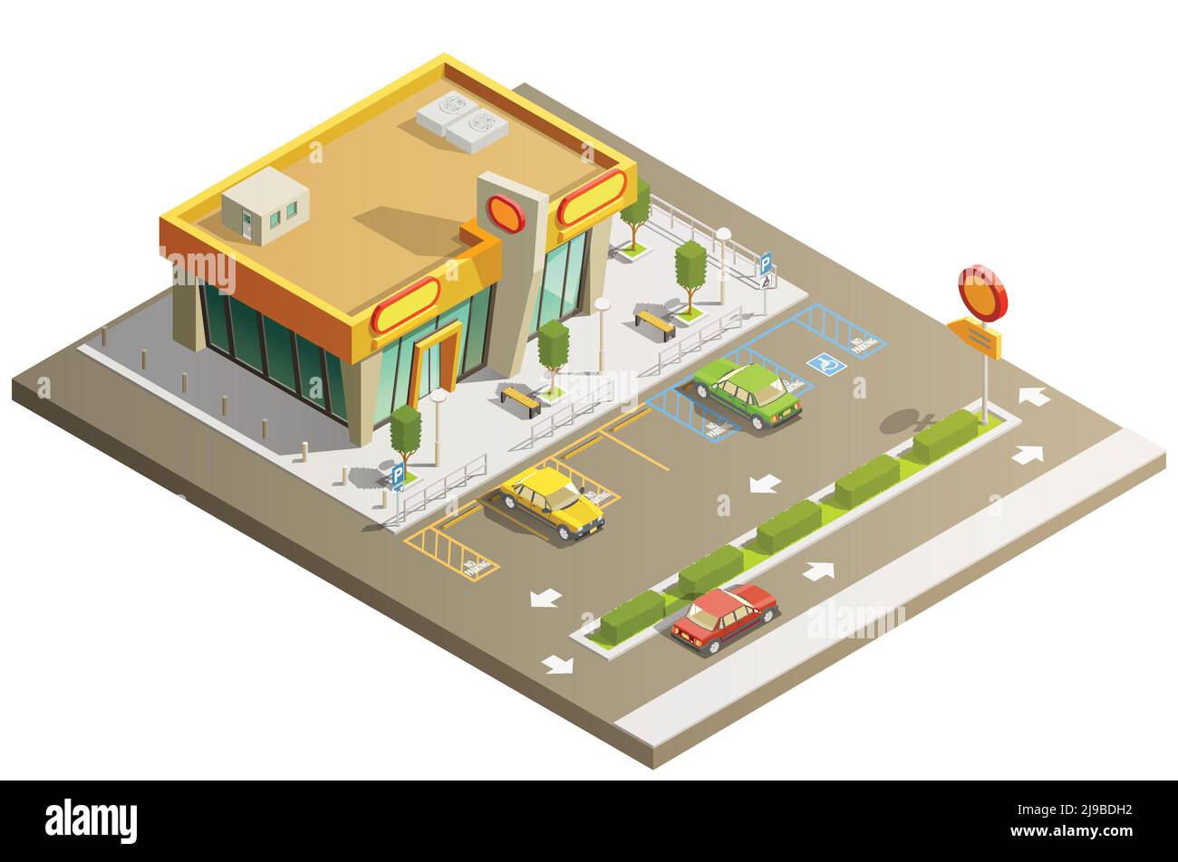 Modern store building exterior with parking zone isometric concept on ...