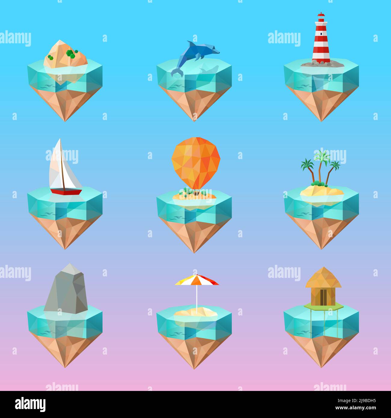 Tropical island symbols polygonal icons set on beautiful color gradient ...