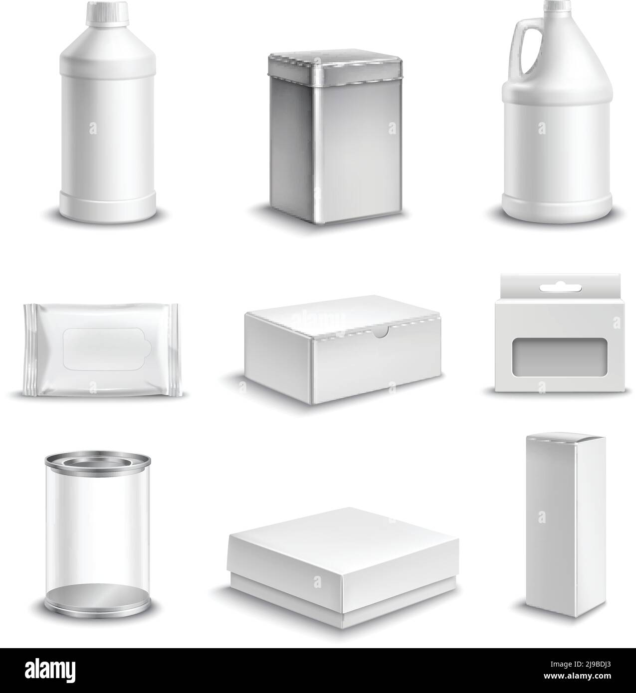 Product package realistics icons set with various cardboard metal ...