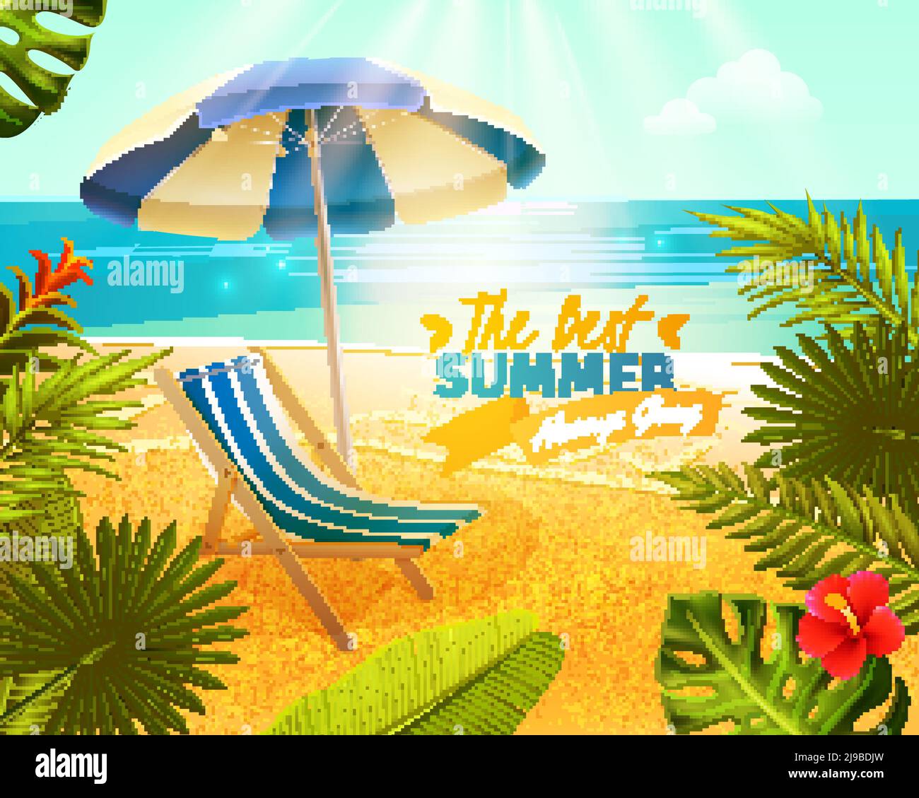 Tropical resort with beach sea and palm trees cartoon vector ...