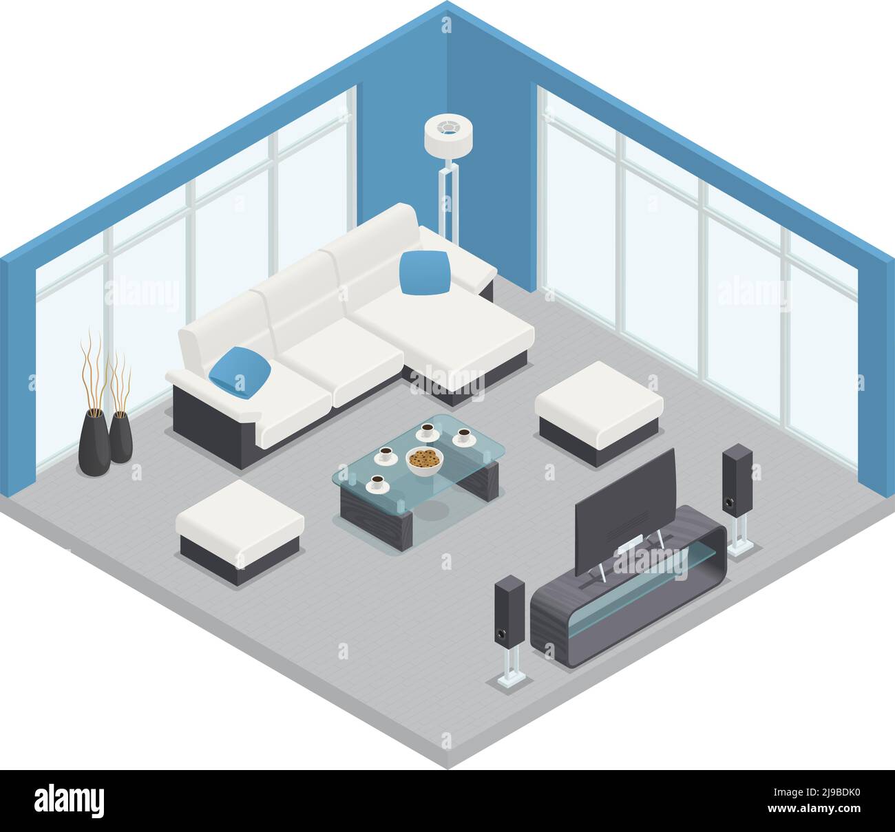 Dining room isometric composition with TV sofa table and lamp vector ...