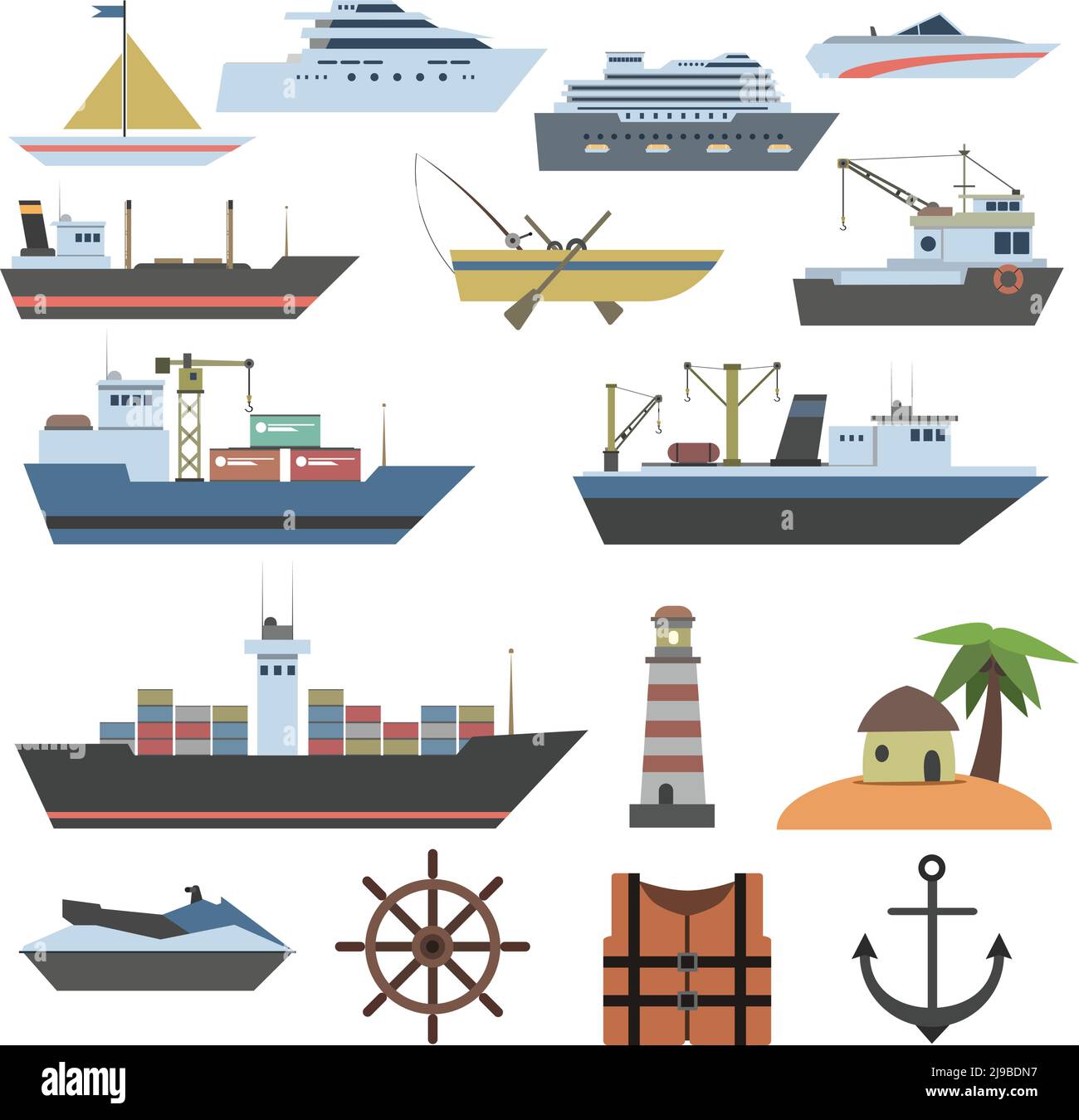 Ships and sailing vessels flat decorative icons set with marine symbols ...
