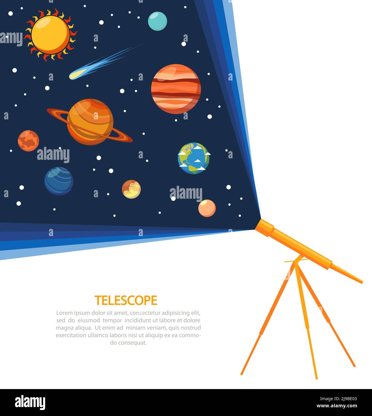 Telescope with solar system comets and stars concept poster flat vector ...